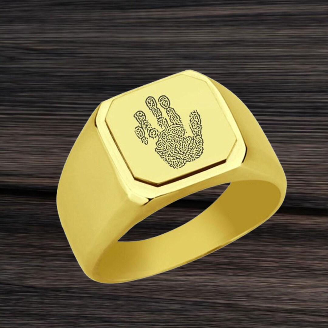 Personalized Handprint Ring, Engraved Footprint Ring, Gold Stainless ...