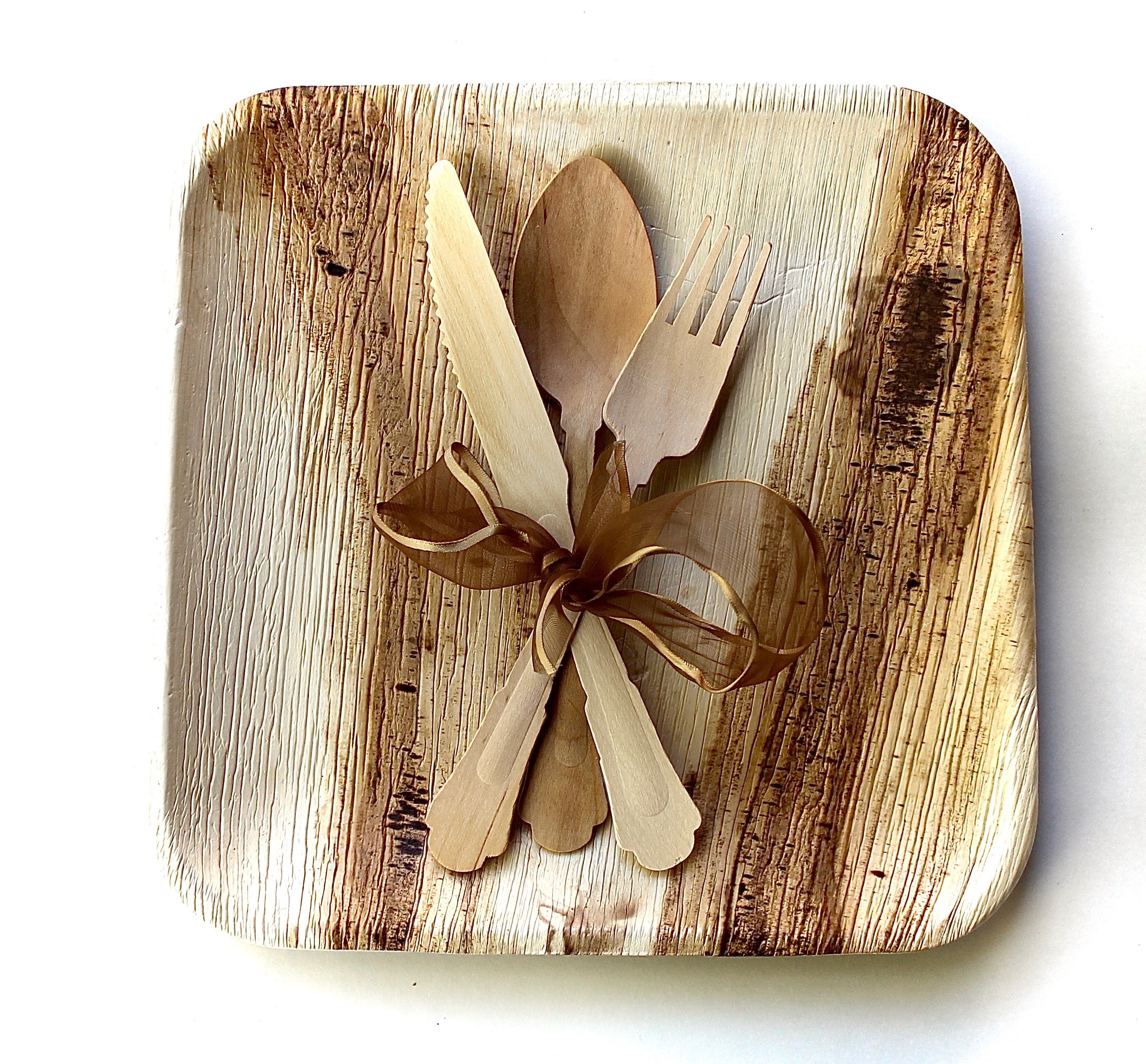 Palm Leaf Plates Set | 25x 9.5" Plates + 75pc Birch Cutlery (fork Spoon ...
