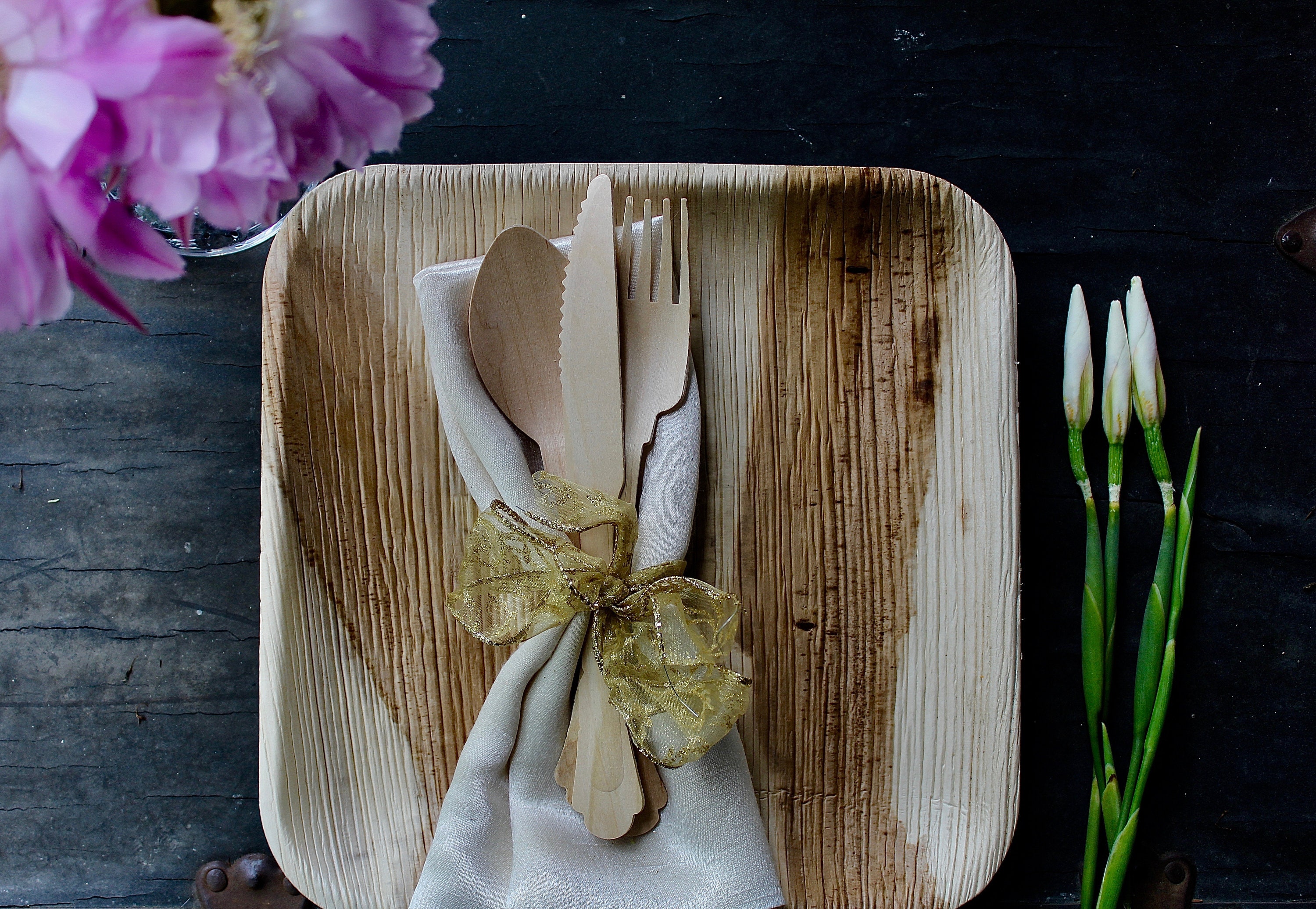 Palm Leaf Plates Set | 25x 9.5" Plates + 75pc Birch Cutlery (fork Spoon ...