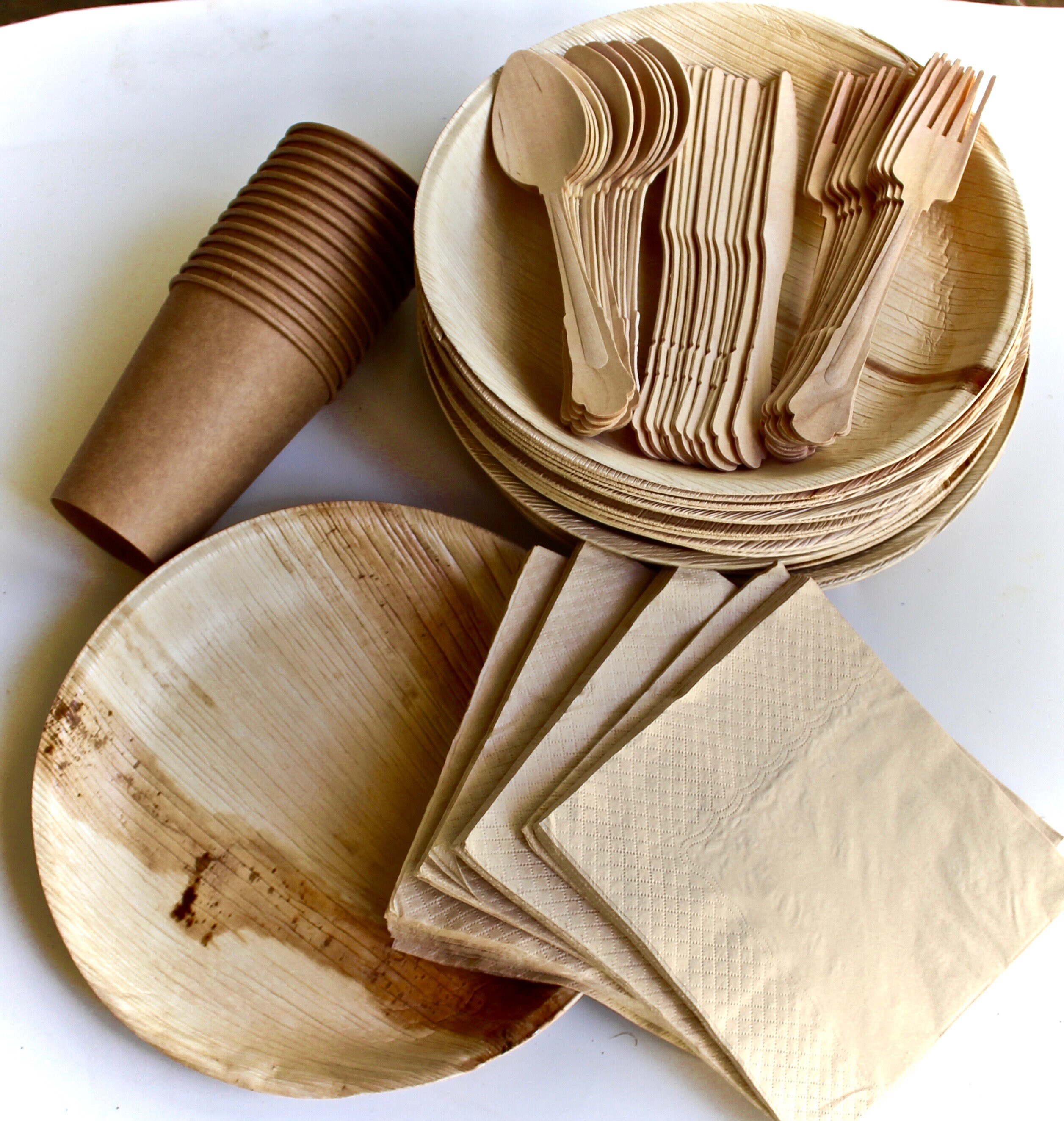 Bamboo Type Hand Craft Palm Leaf 10 Round Napkin Kraft Cup Birch Wood Cutlery Disposable ...
