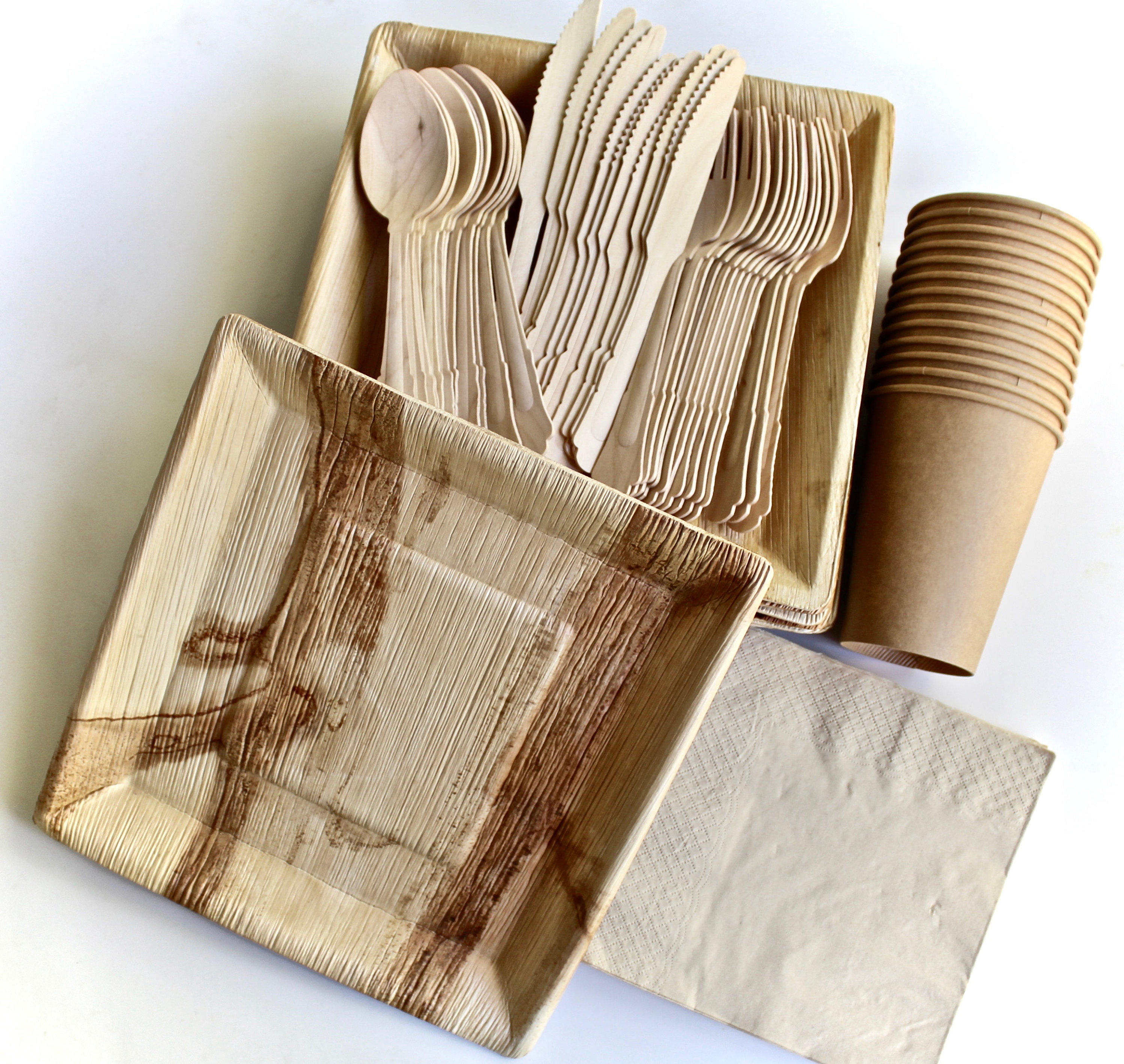 Bamboo Type Hand Craft Palm Leaf 10 Round Napkin Kraft Cup Birch Wood Cutlery Disposable ...