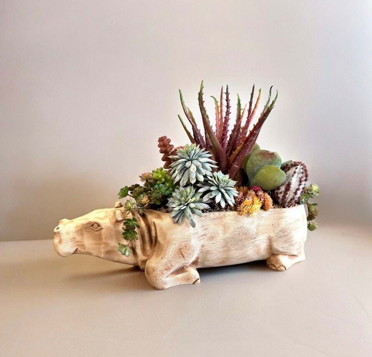 Faux Succulent Centerpiece Faux Cactus Arrangement Hippo Planter Carved ...