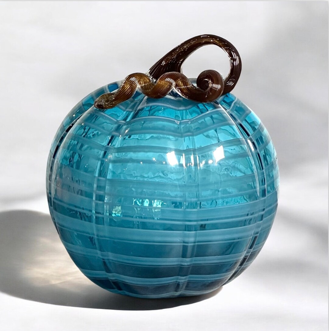 XL Blue Glass Pumpkin Blown Art Glass Centerpiece Farmhouse Table Decor ...