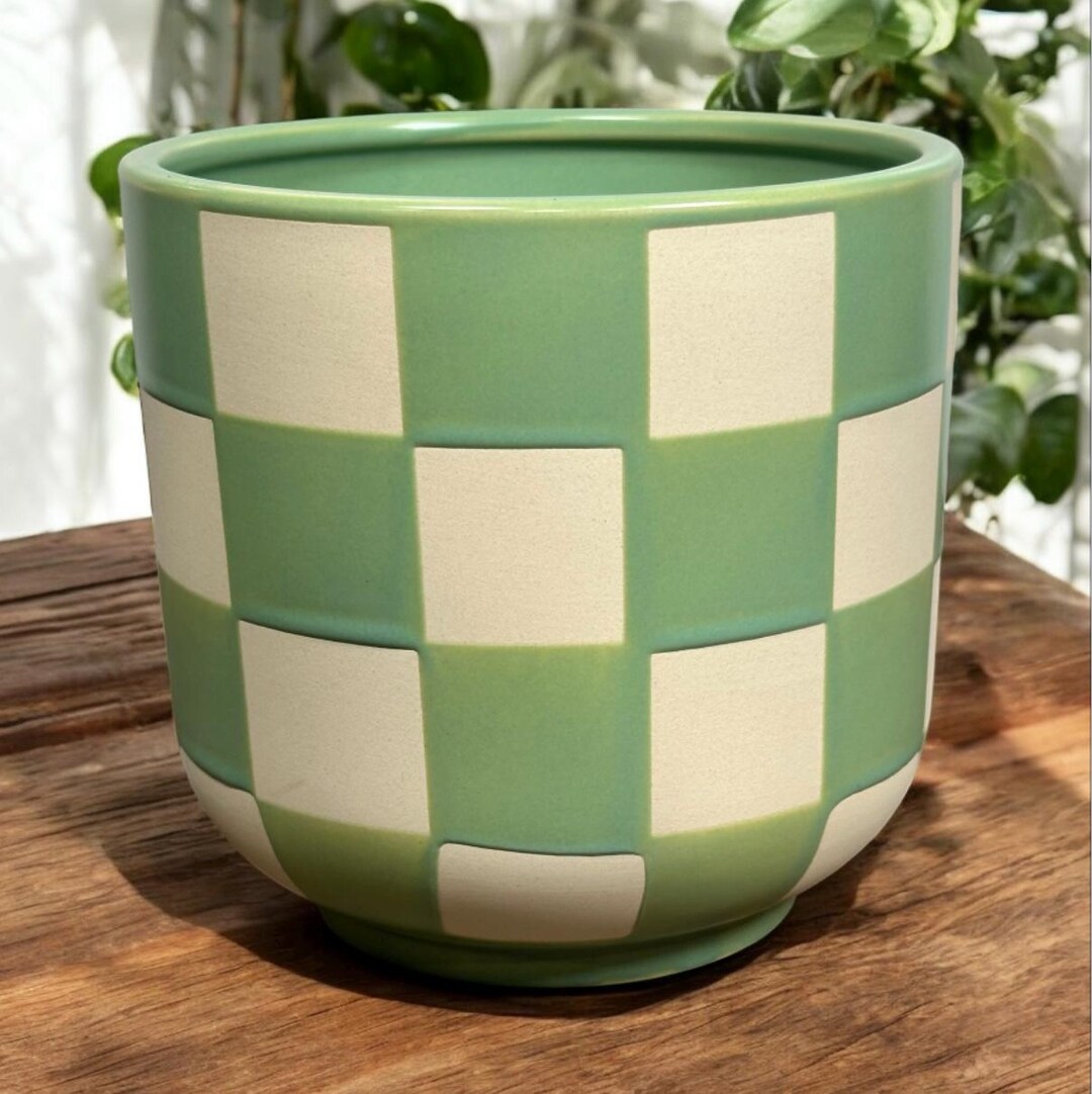 Green Checkered Ceramic Flower Pot: Farmhouse Kitchen Decor, 6.5" - Etsy