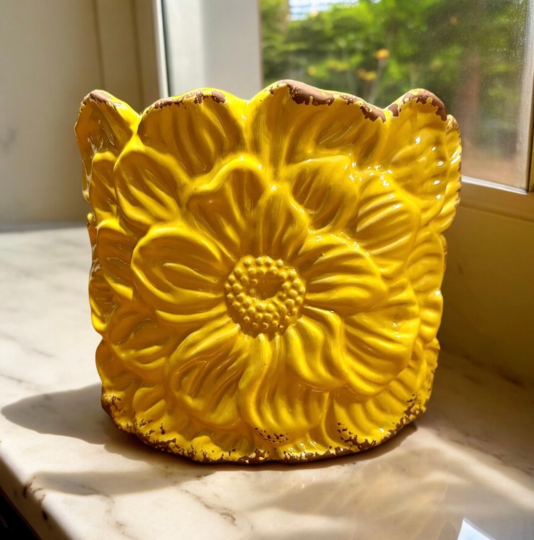 Large Yellow Planter Pot Flower Design Embossed Sunflower Pot Yellow ...