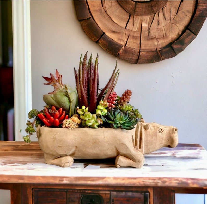 Faux Succulent Centerpiece Faux Cactus Arrangement Hippo Planter Carved ...
