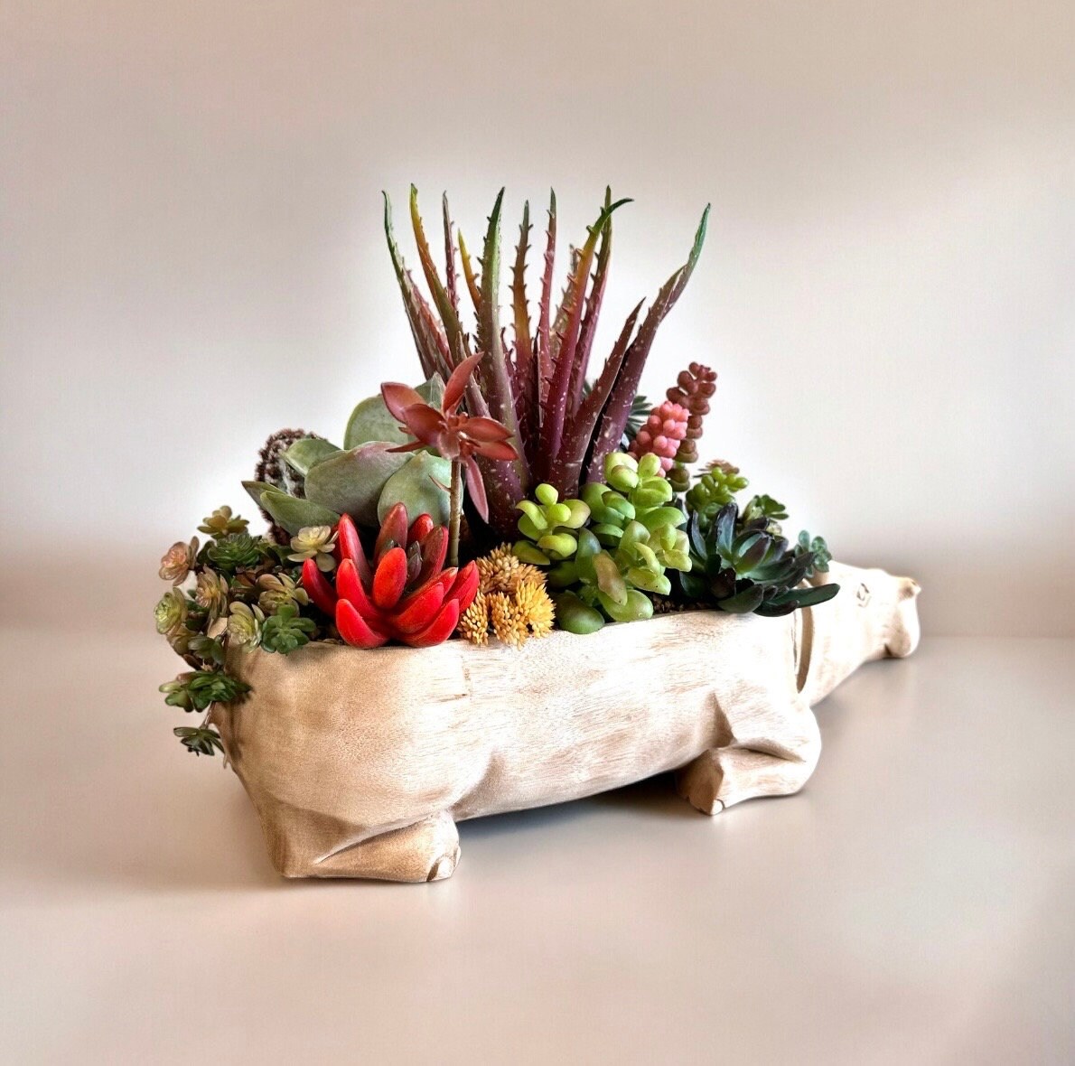 Faux Succulent Centerpiece Faux Cactus Arrangement Hippo Planter Carved ...