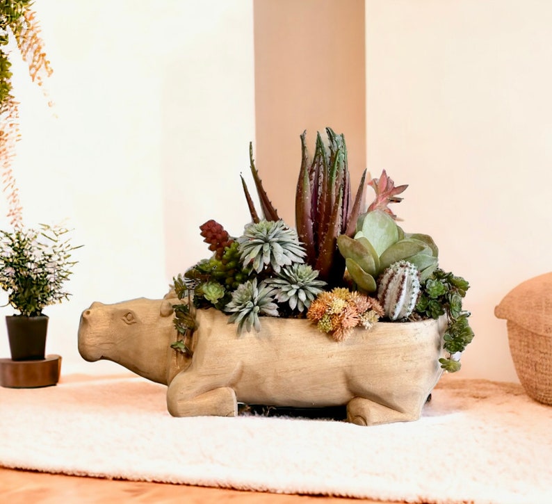 Faux Succulent Centerpiece Faux Cactus Arrangement Hippo Planter Carved ...