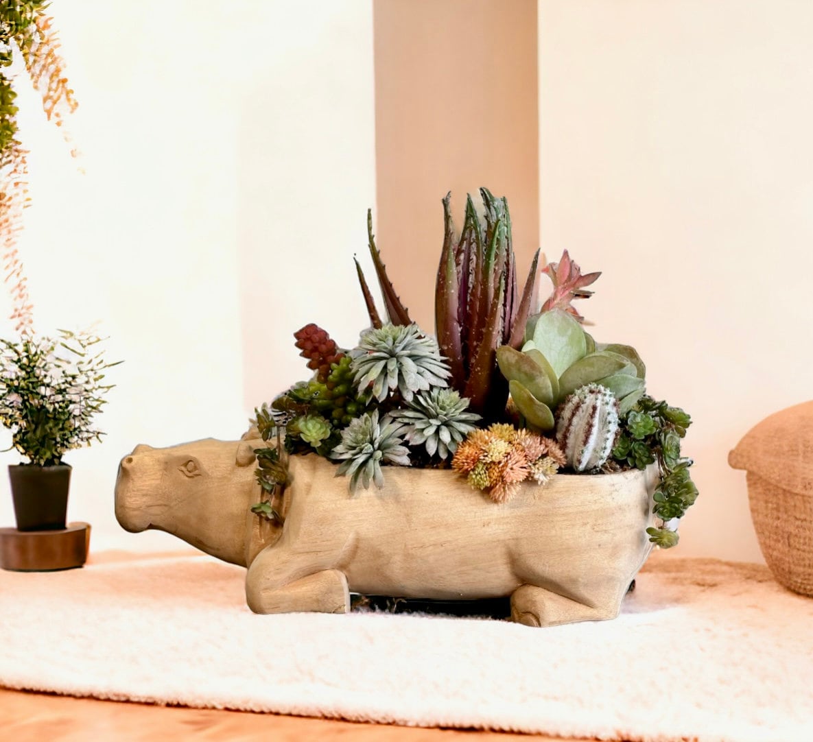 Faux Succulent Centerpiece Faux Cactus Arrangement Hippo Planter Carved ...