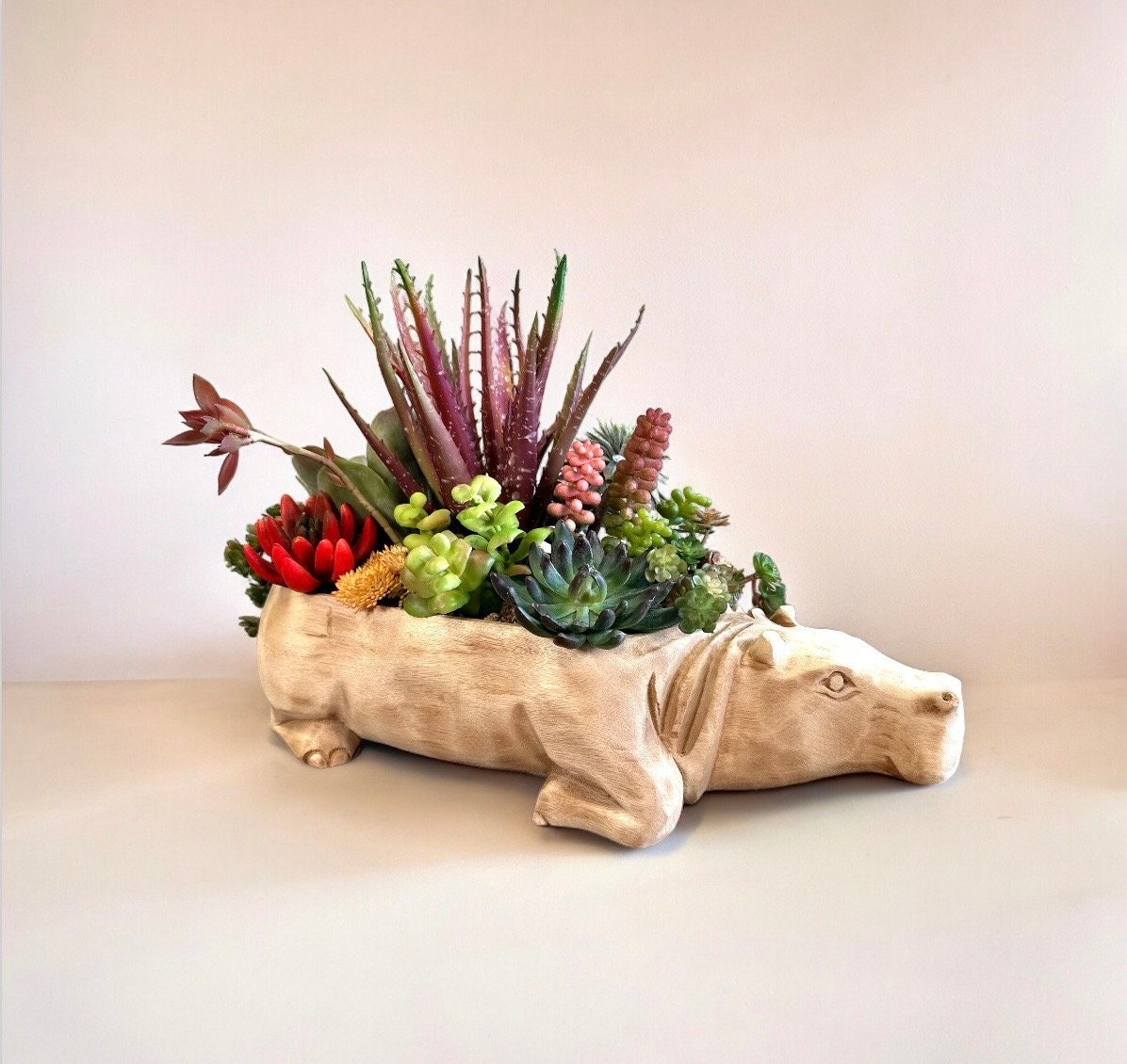 Faux Succulent Centerpiece Faux Cactus Arrangement Hippo Planter Carved ...