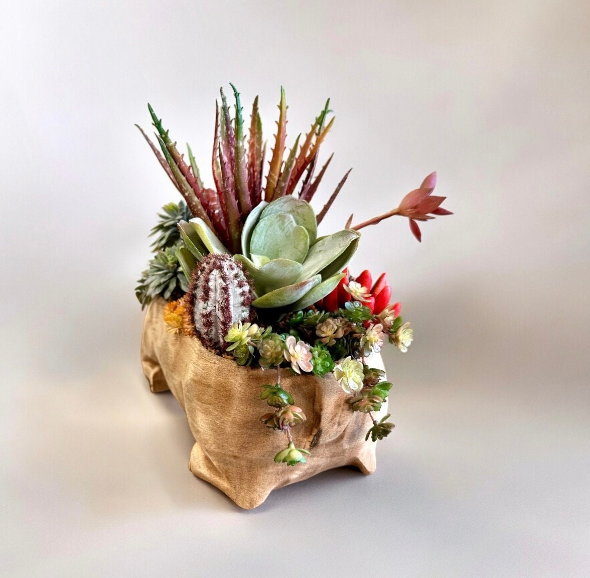 Faux Succulent Centerpiece Faux Cactus Arrangement Hippo Planter Carved ...