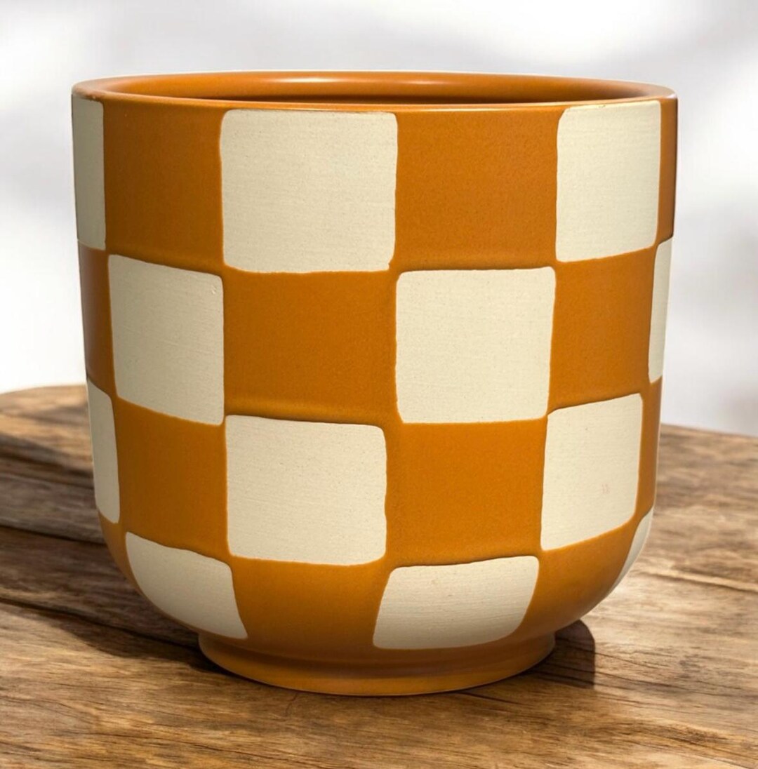 Checkered Flower Pot Ceramic Succulent Pot Rustic Farmhouse Decor ...