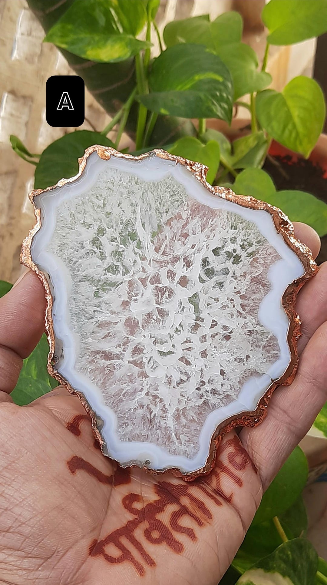 Natural Salt Agate Coaster: Copper Edge Polished Gemstone Plate for Tea ...