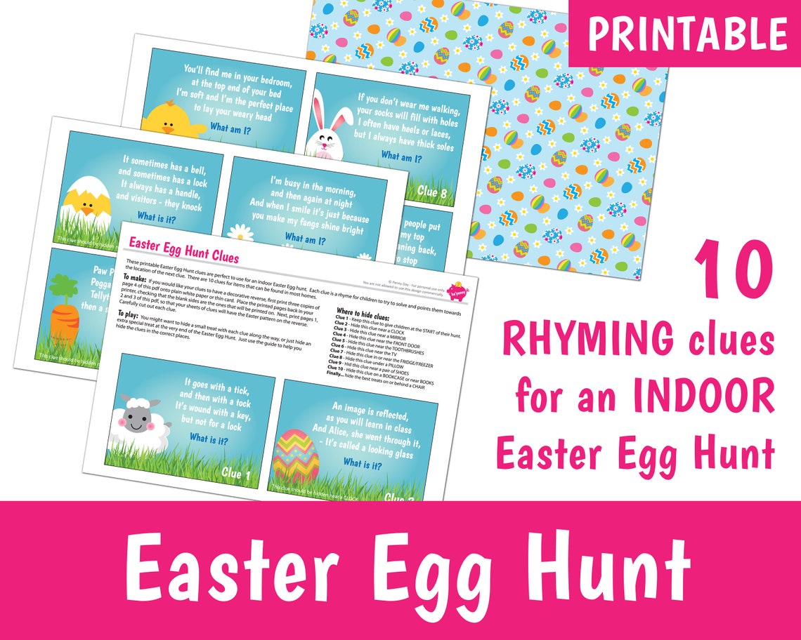 PRINTABLE Easter Egg Hunt Kit - 10 Rhyming INDOOR Egg Hunt Clues ...