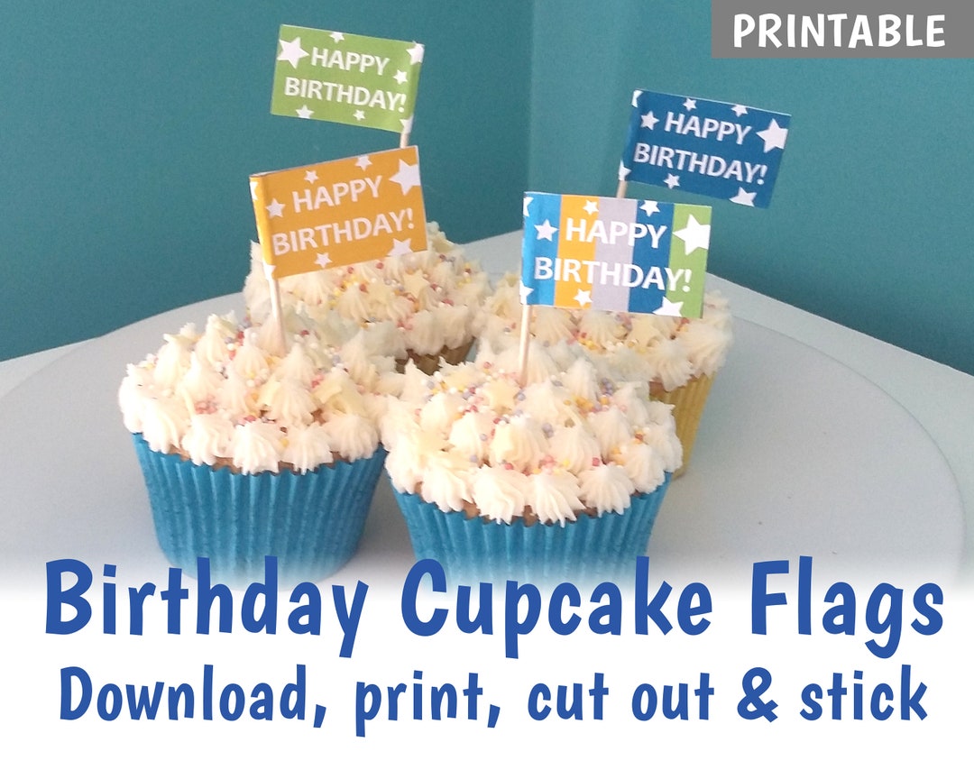 PRINTABLE Birthday Cupcake Flags, Make Your Own Cake Toppers, Blue ...