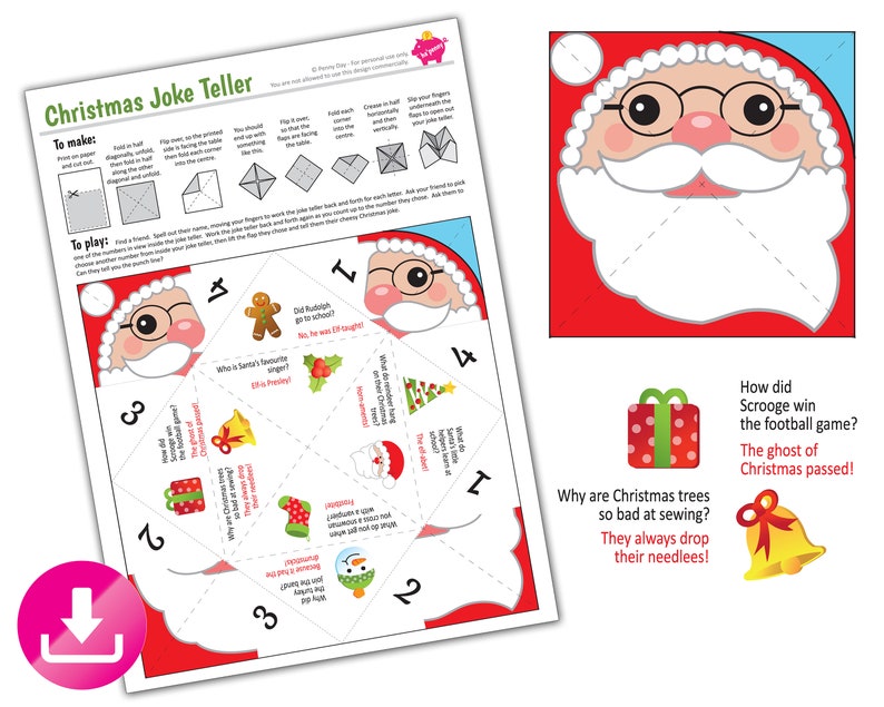 DIGITAL - Christmas Joke Teller (fortune Teller, Cootie Catcher) SANTA ...
