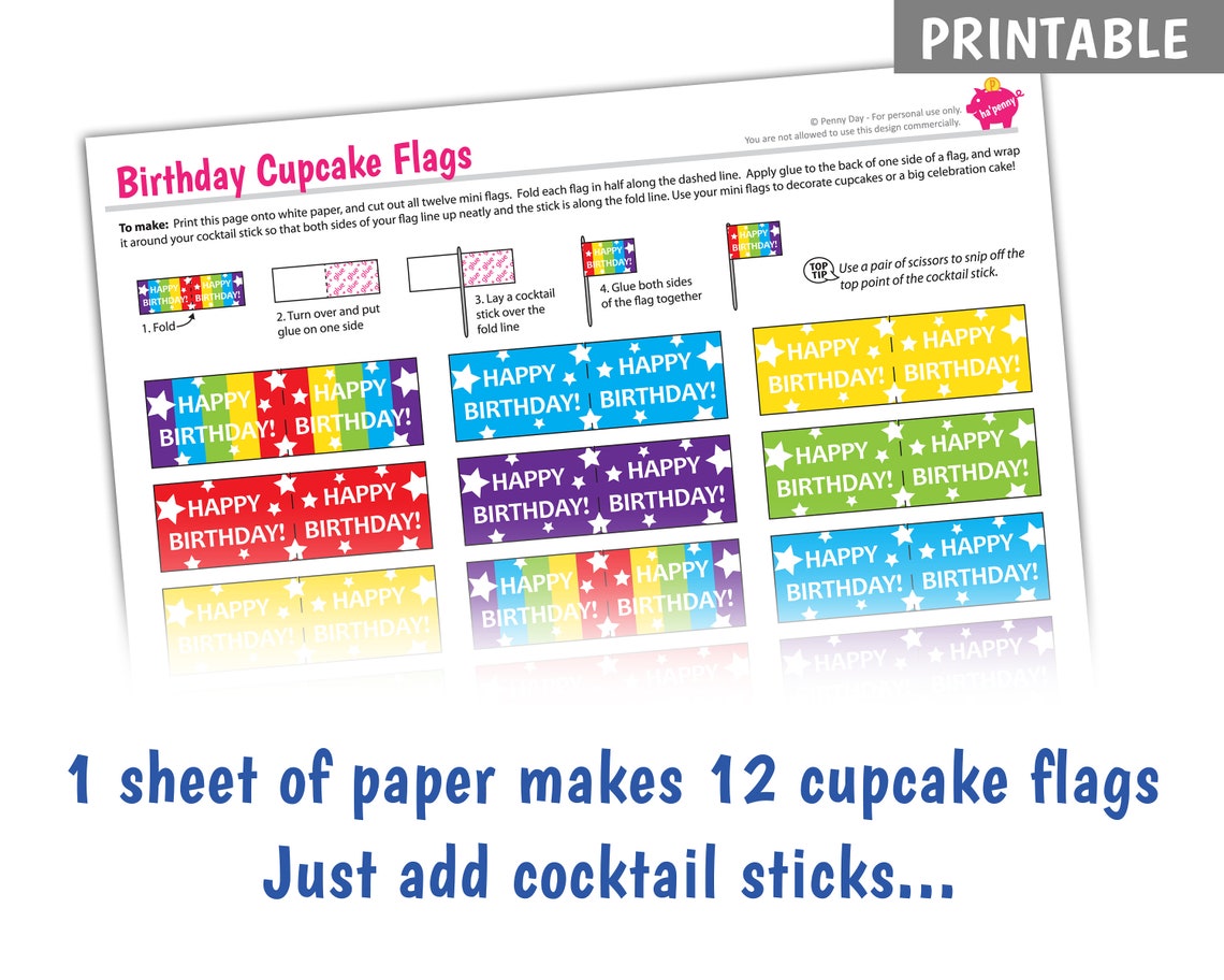 PRINTABLE Birthday Cupcake Flags, Make Your Own Cake Toppers, Brightly ...
