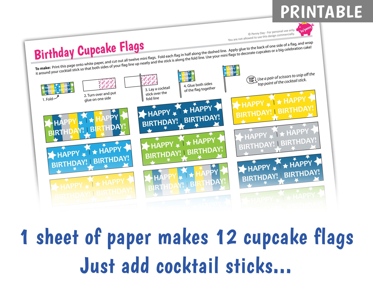 PRINTABLE Birthday Cupcake Flags, Make Your Own Cake Toppers, Blue ...