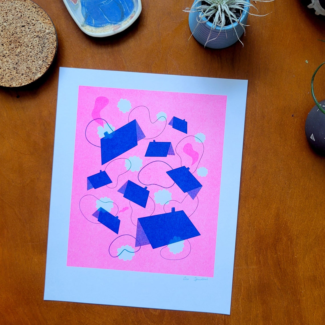 Risograph Print House Artwork | 8" X 10" Riso Print Pink Art for Home ...