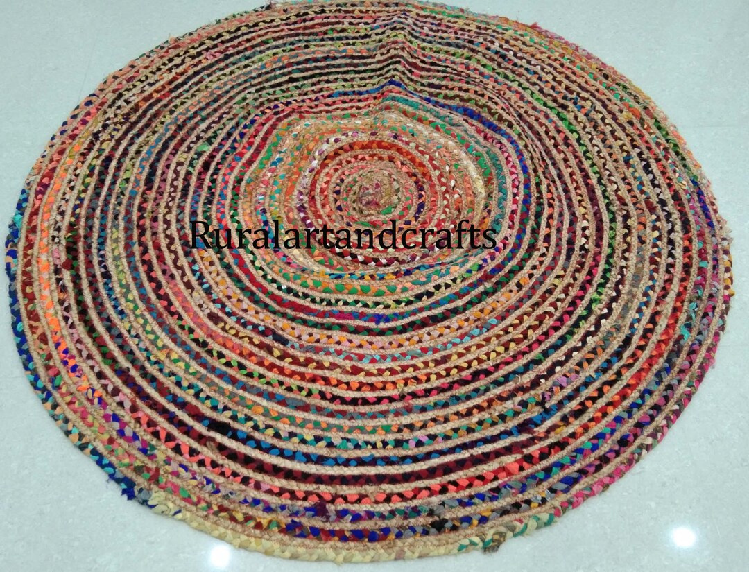 60" Inch Chindi Jute Area Rag Rug Hand Woven Mats Rug Indian Handmade ...