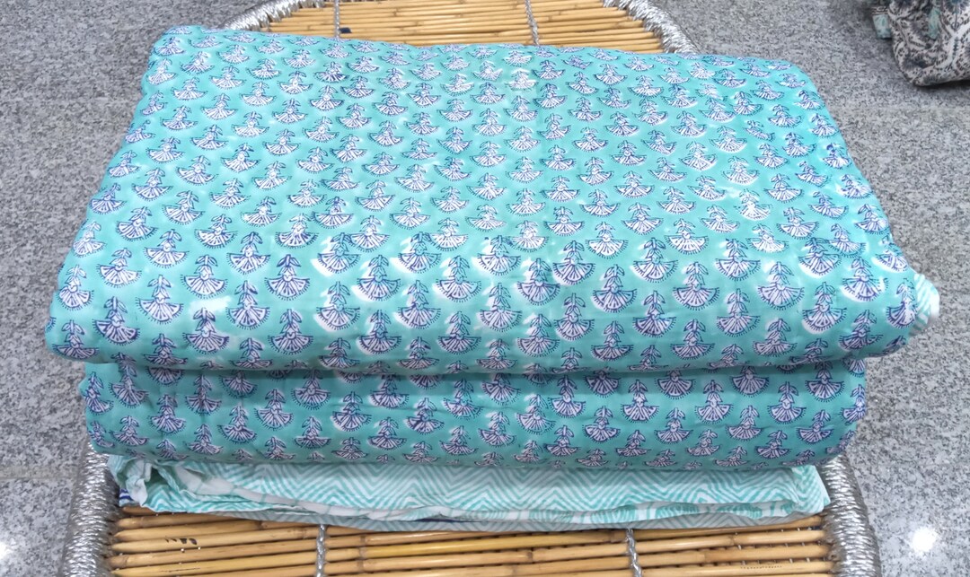 Handmade Reversible Cotton Quilt: Floral Block Print Kantha Rajai - Etsy
