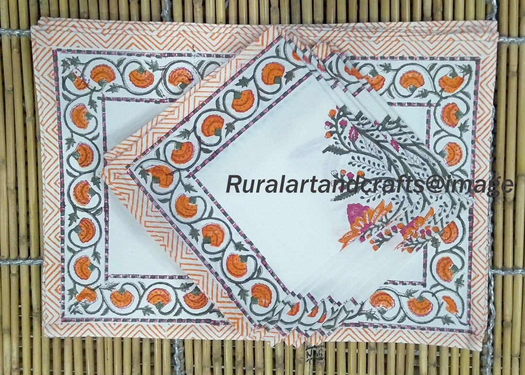 Indian Beautiful Floral Print Place Mat Vintage Art Mat Hand Block ...