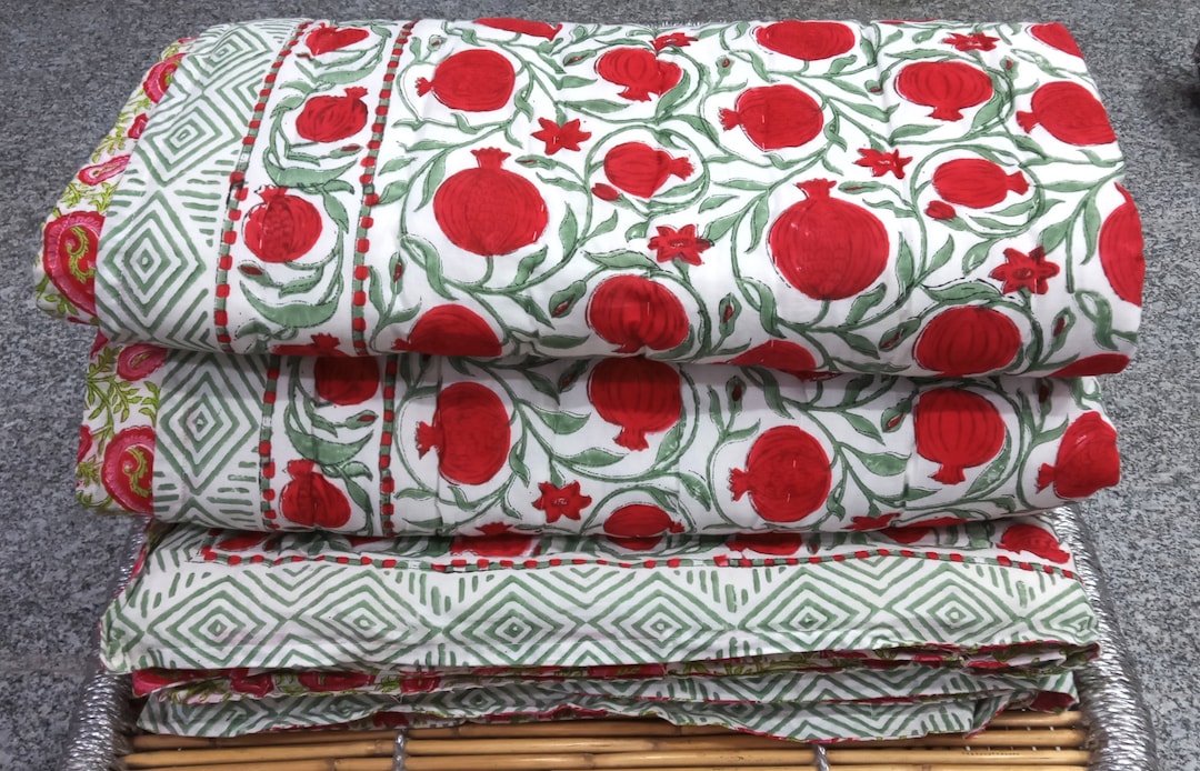 Handmade Block Print Cotton Quilt: Reversible Floral Rajai - Etsy