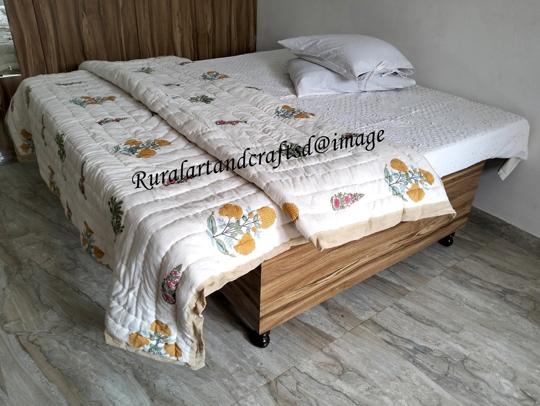 Handmade Cotton Quilt: Reversible Floral Block Print, Jaipuri Rajai - Etsy