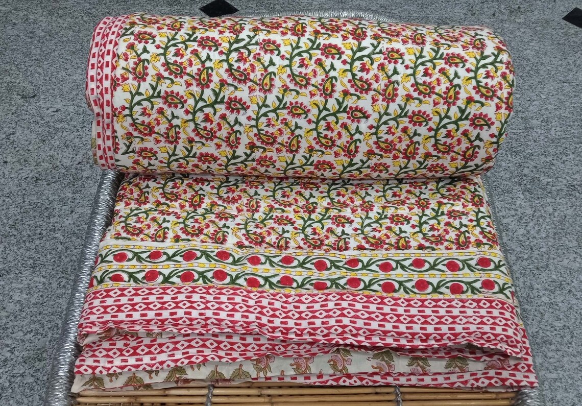 Handmade Cotton Kantha Quilt Floral Printed Rajai Jaipuri | Etsy