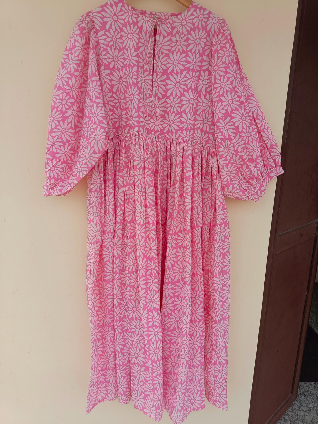 Pink Floral Block Print Cotton Dress: Deep Neck Midi or Mini - Etsy