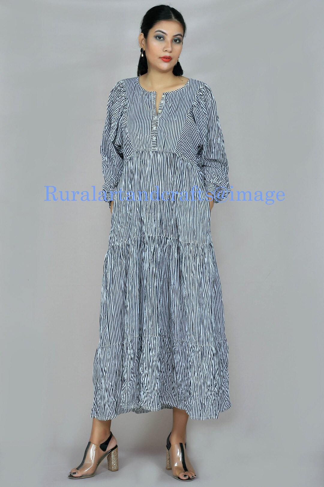 Hand Block Print Stripe Maxi Dress With Bishop Sleeve Pattern and Tired ...