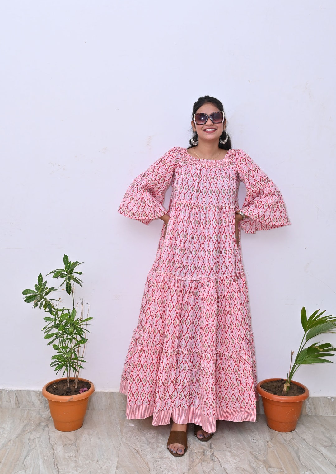 Hand Block Printed Cotton Dress: Pink Floral Tiered Gown - Etsy