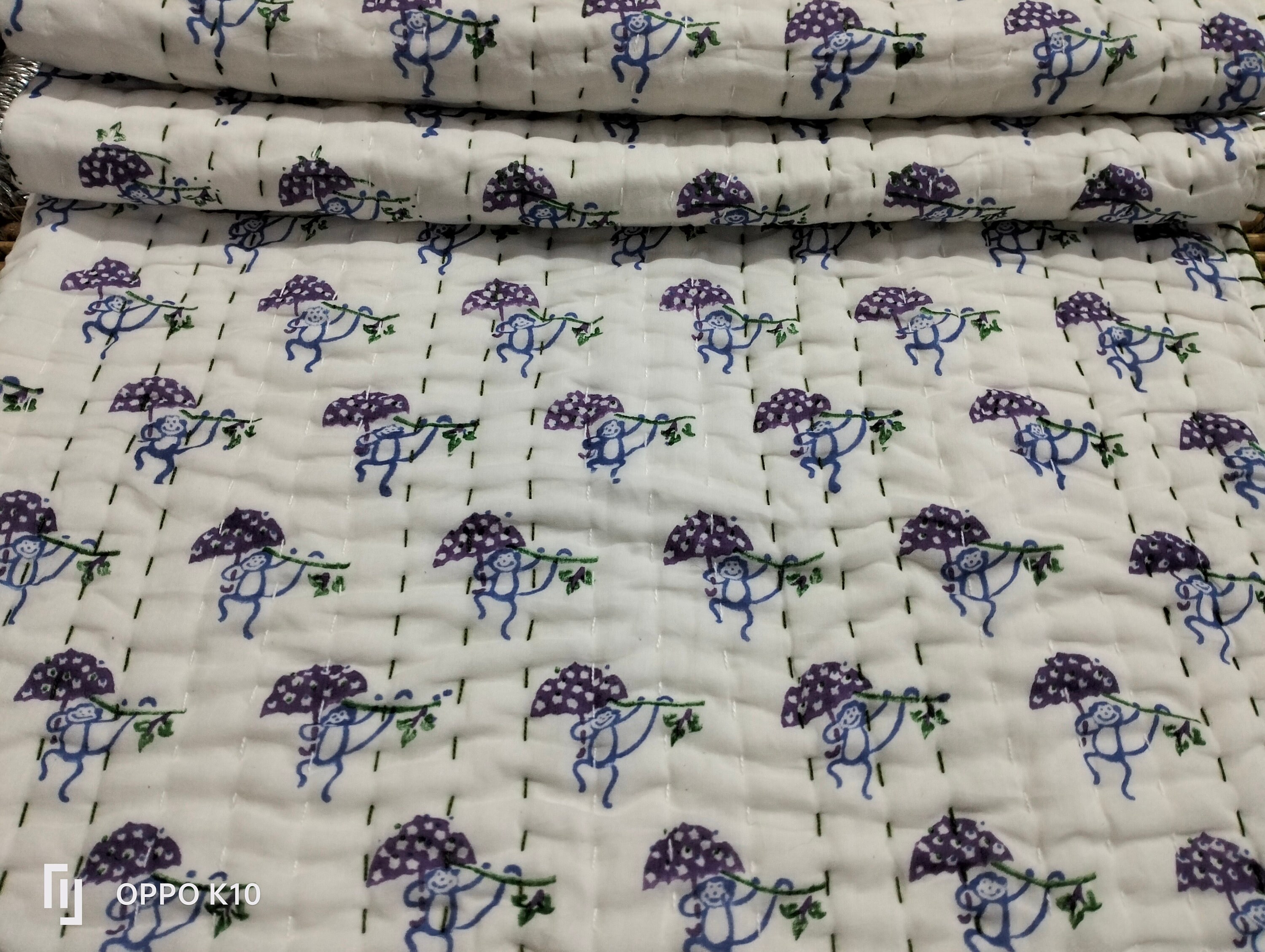 Monkey Block Print Baby Quilt: Handmade Kantha Throw, Indian Bedding - Etsy