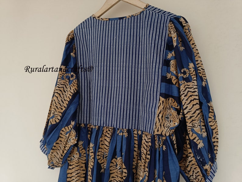 Blue Striped Tiger Print Cotton Dress, Deep Neck Midi Dress - Etsy