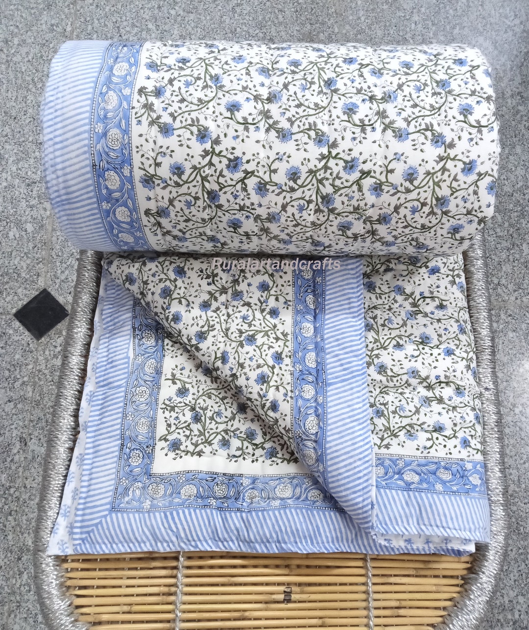 Indian Hand Block Print Cotton Quilt: Reversible Floral Bedspread ...