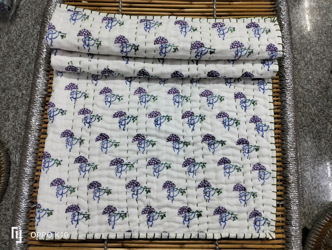 Monkey Block Print Baby Quilt: Handmade Kantha Throw, Indian Bedding - Etsy