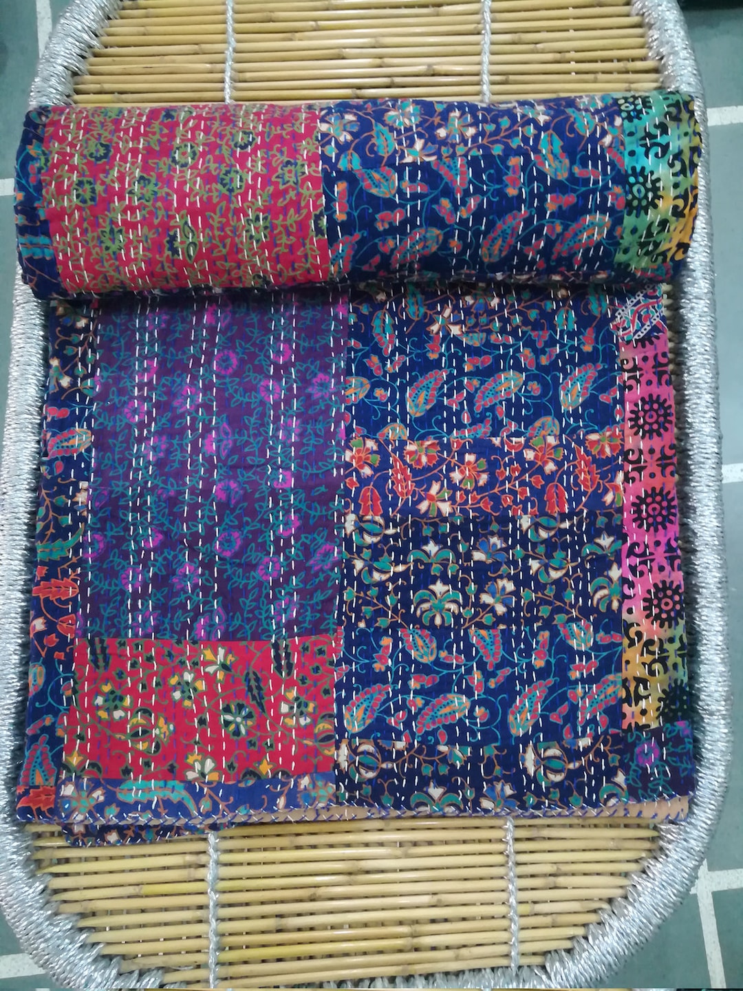 Multi Patchwork Kantha Quilt Bedspread Hand Print Kantha Quilt Bedding ...