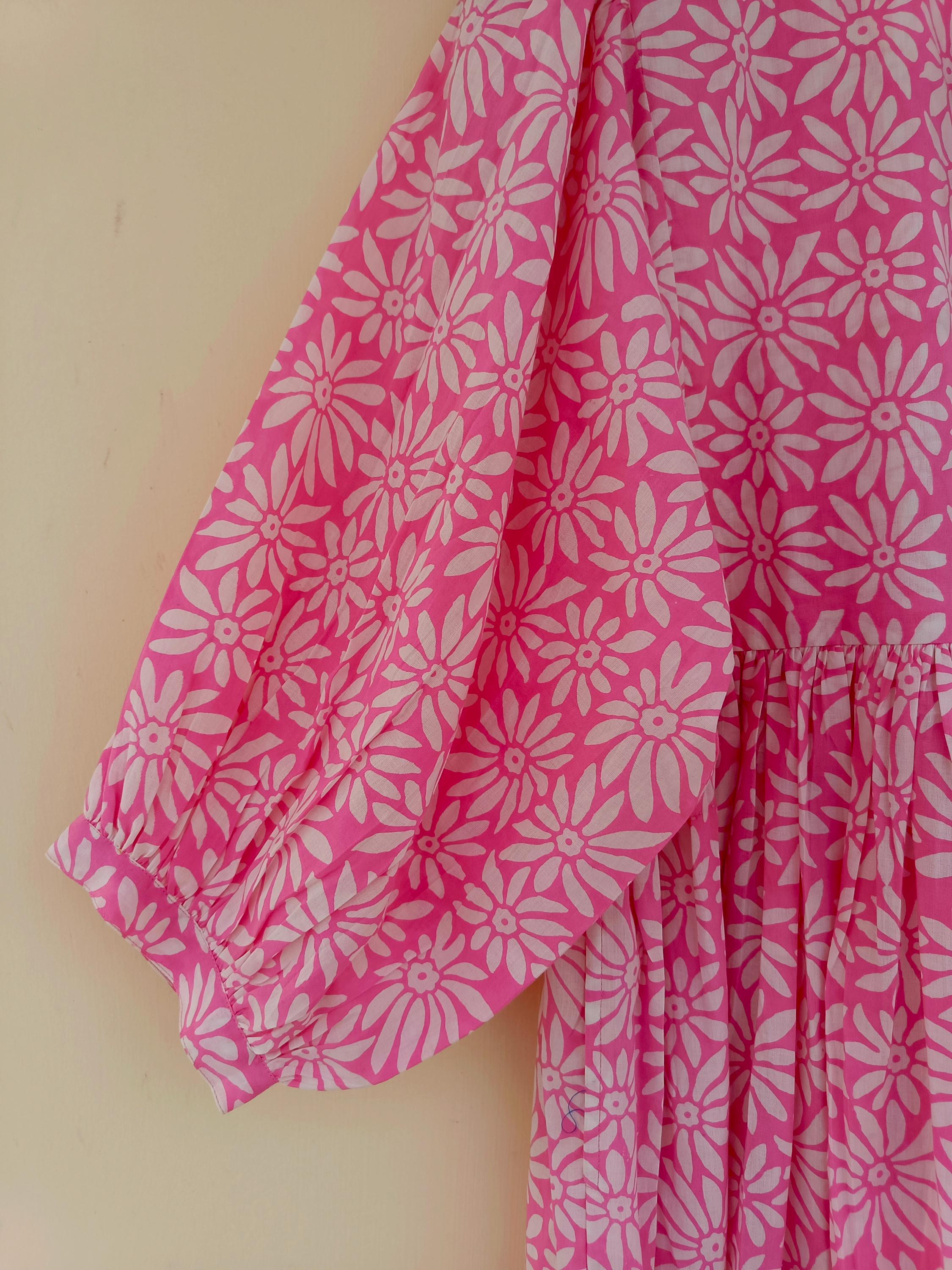 Pink Floral Block Print Cotton Dress: Deep Neck Midi or Mini - Etsy