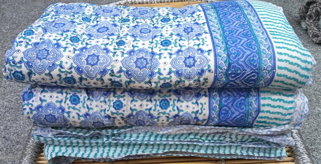 Handmade Reversible Floral Quilt: Indian Block Print Cotton Rajai - Etsy