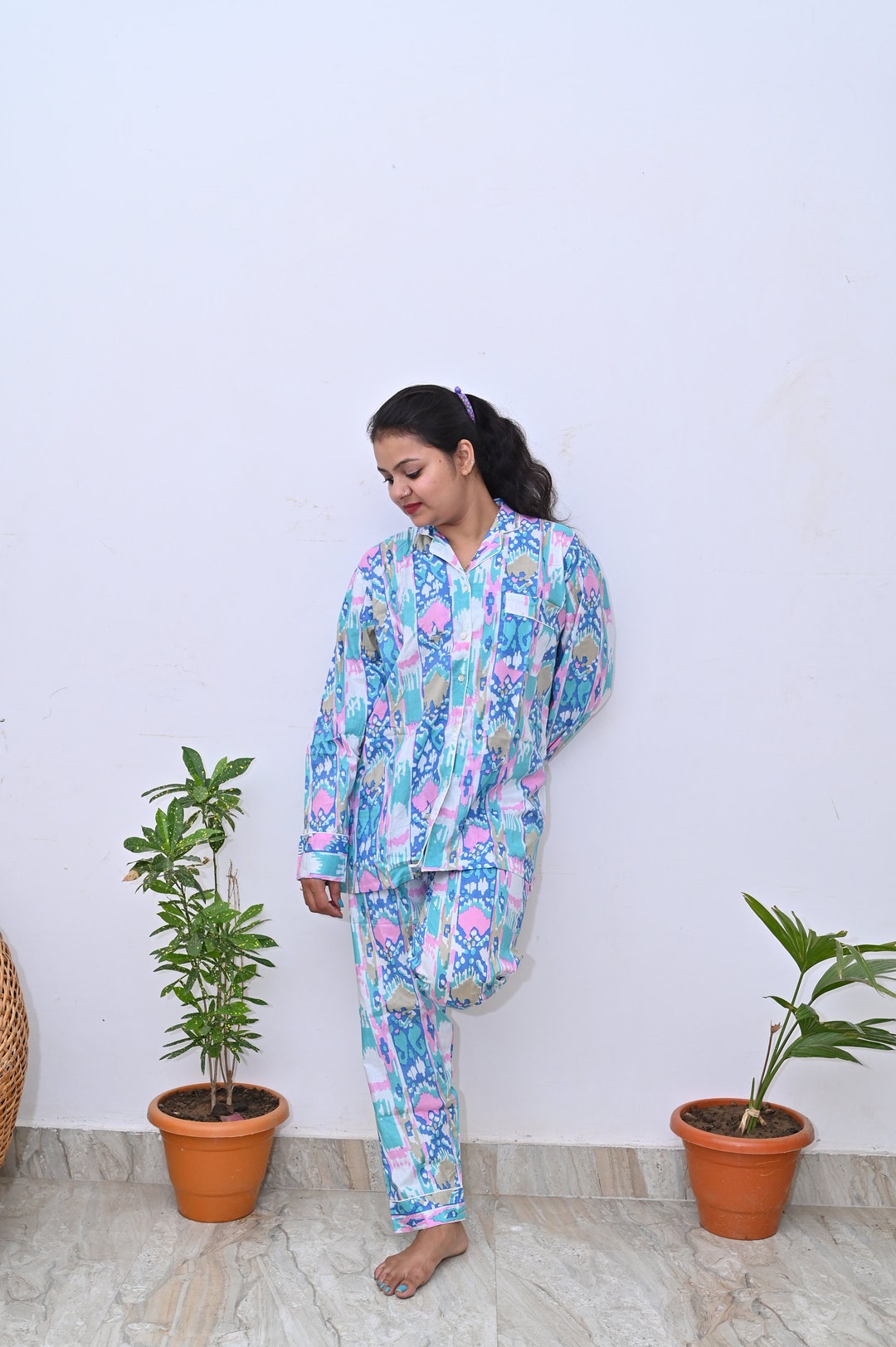 Beautiful Blue Print Pj Set, Night Suit, Sleepwear Dress, Bridesmaid ...