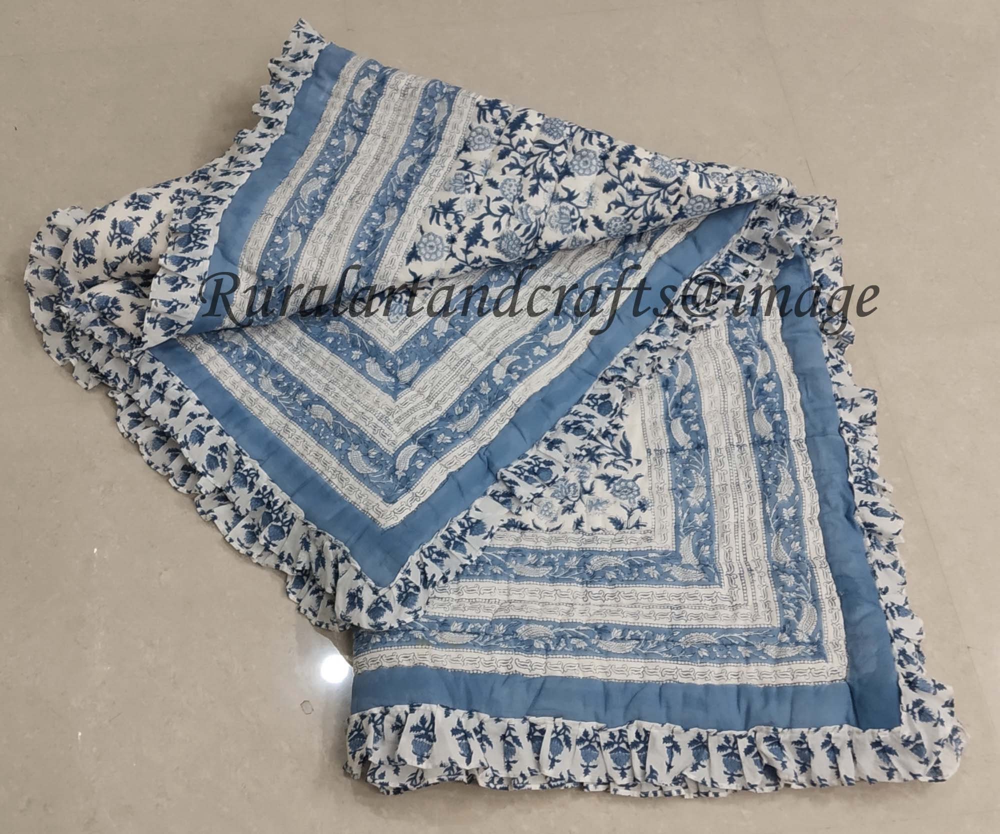 Hand Block Print Cotton Quilt: Ruffle Edge Reversible Floral Bedspread ...