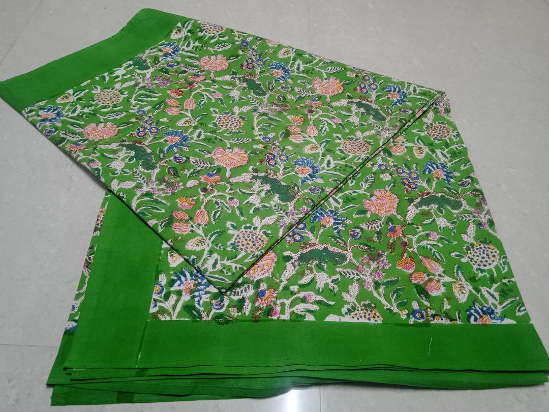 New Handmade Printed Hand Block Table Cloth Green Flower Design Hand ...