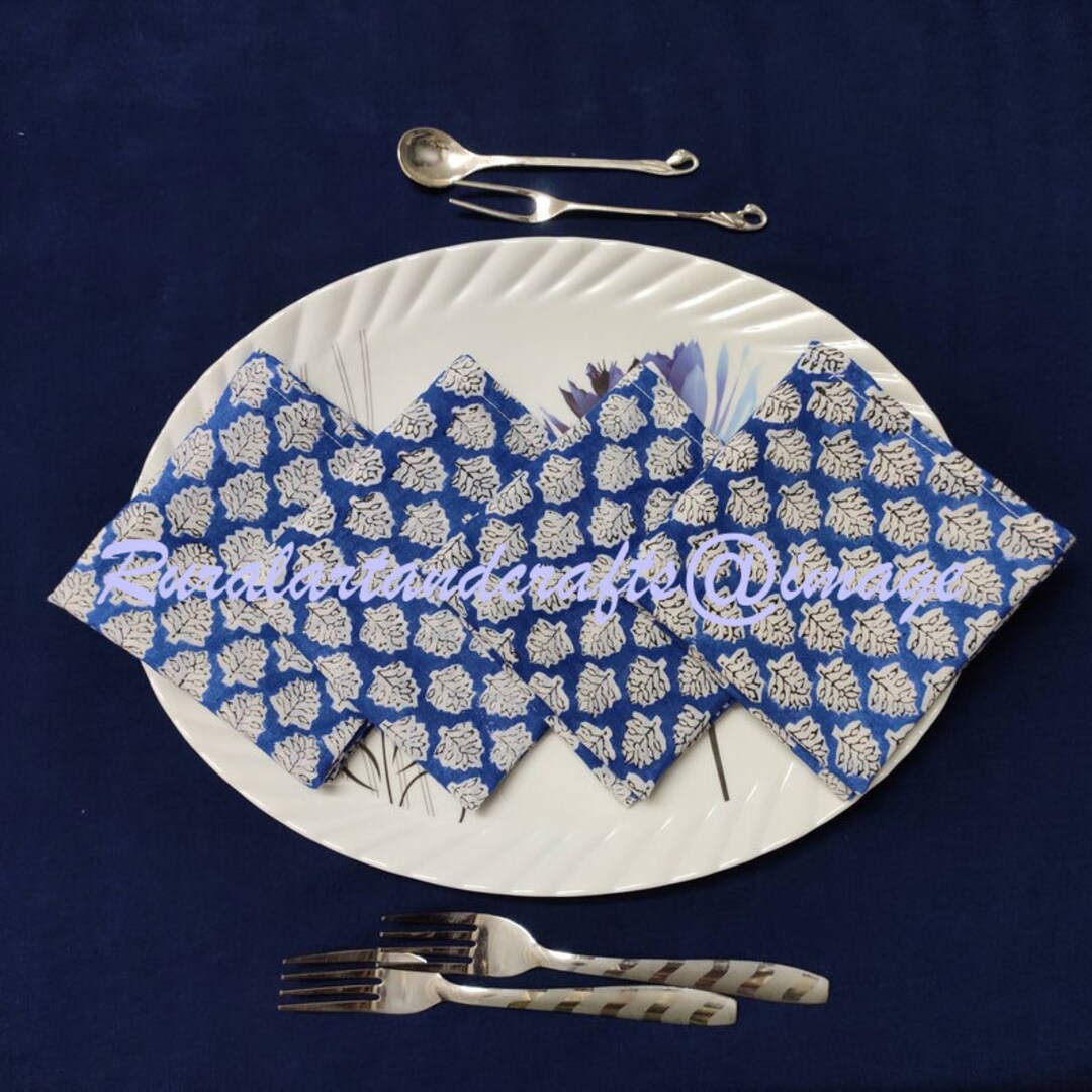 Blue Floral Print Hand Block Print Napkins Set Fabric, Dinner Cocktail ...