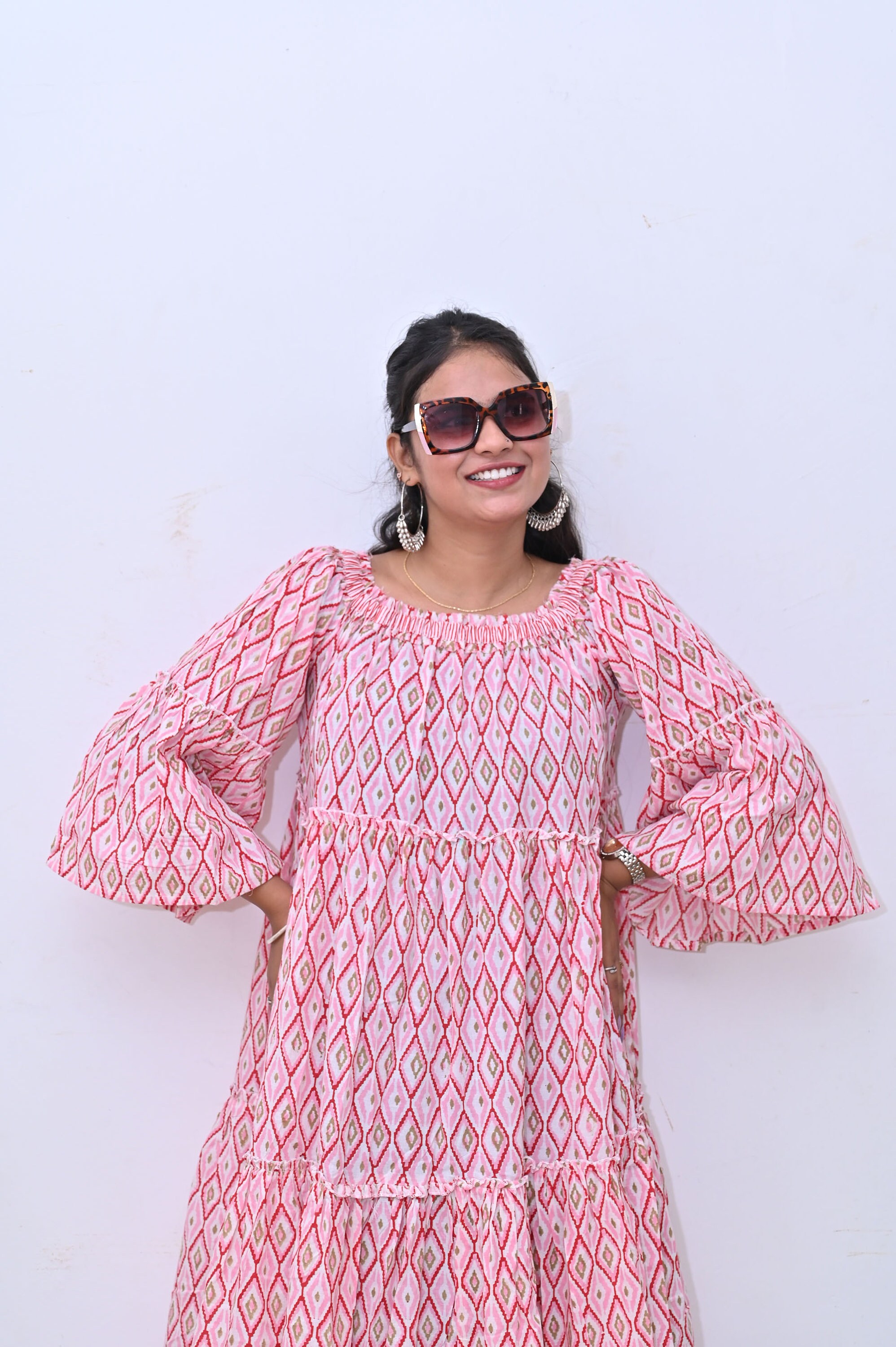 Hand Block Printed Cotton Dress: Pink Floral Tiered Gown - Etsy