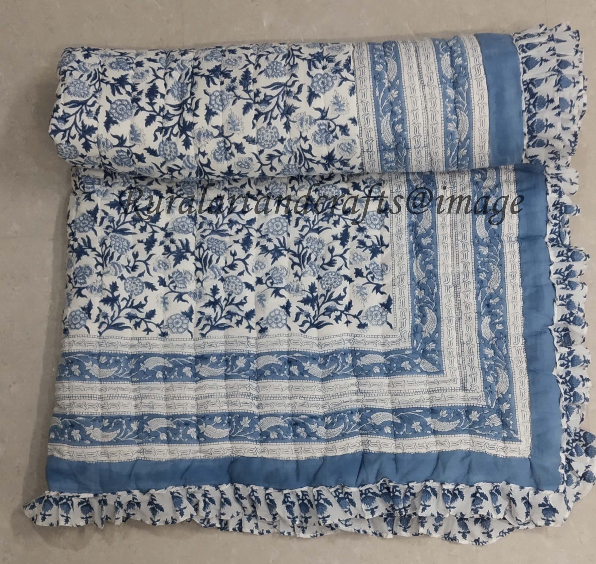 Hand Block Print Cotton Quilt: Ruffle Edge Reversible Floral Bedspread ...