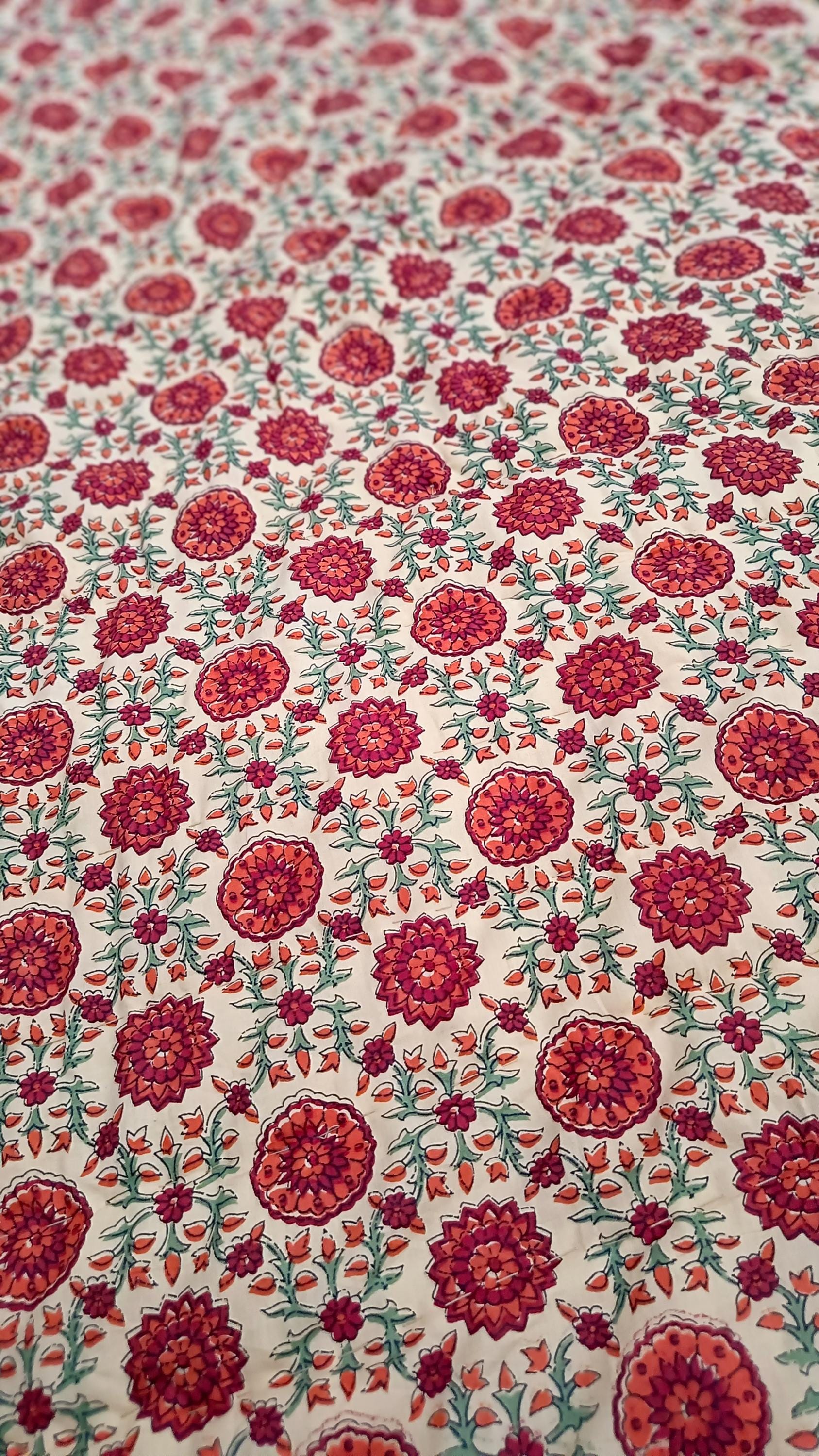 Hand Block Print Cotton Quilt: Reversible Floral Bedspread Quilt Back ...