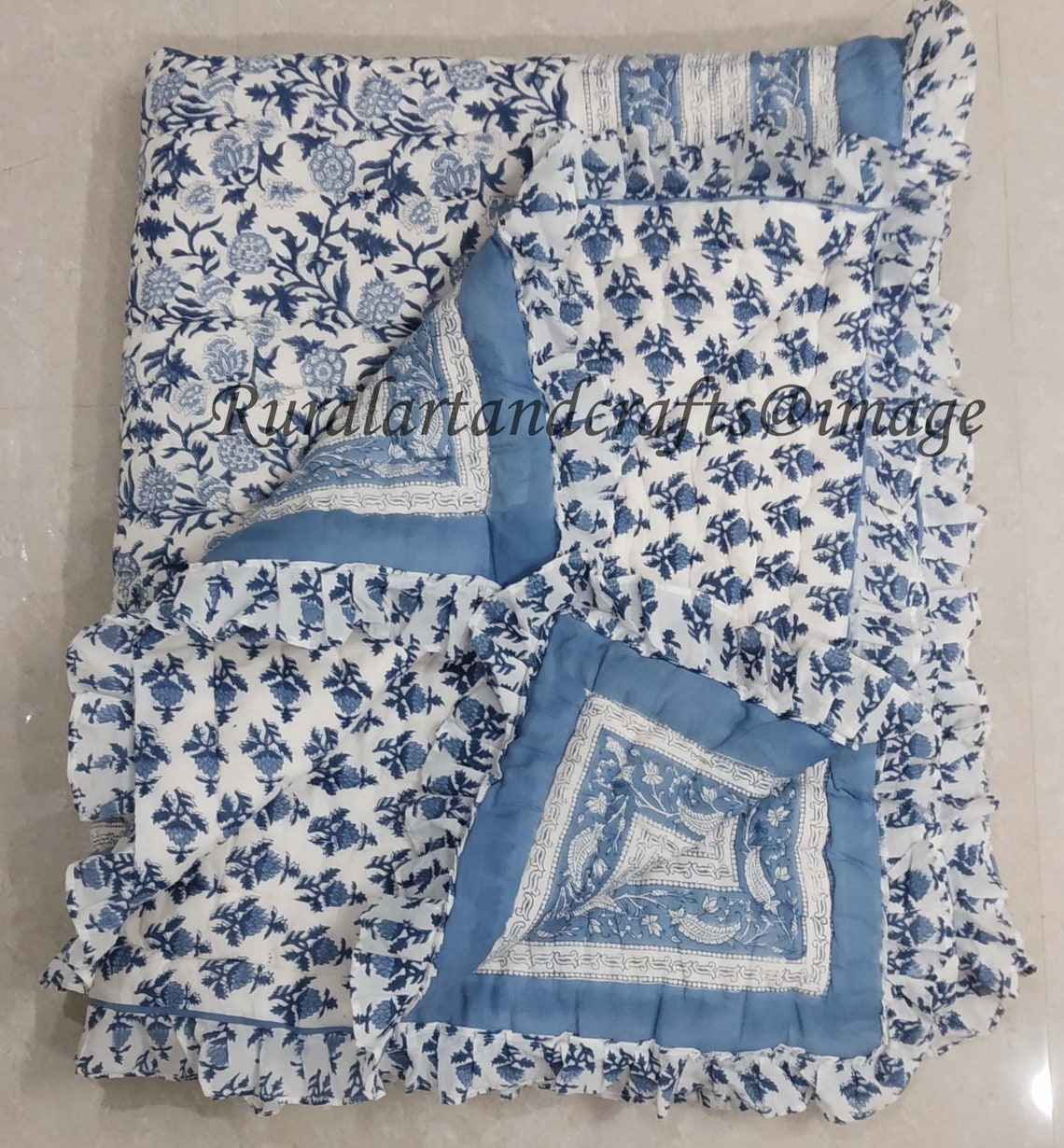 Hand Block Print Cotton Quilt: Ruffle Edge Reversible Floral Bedspread ...