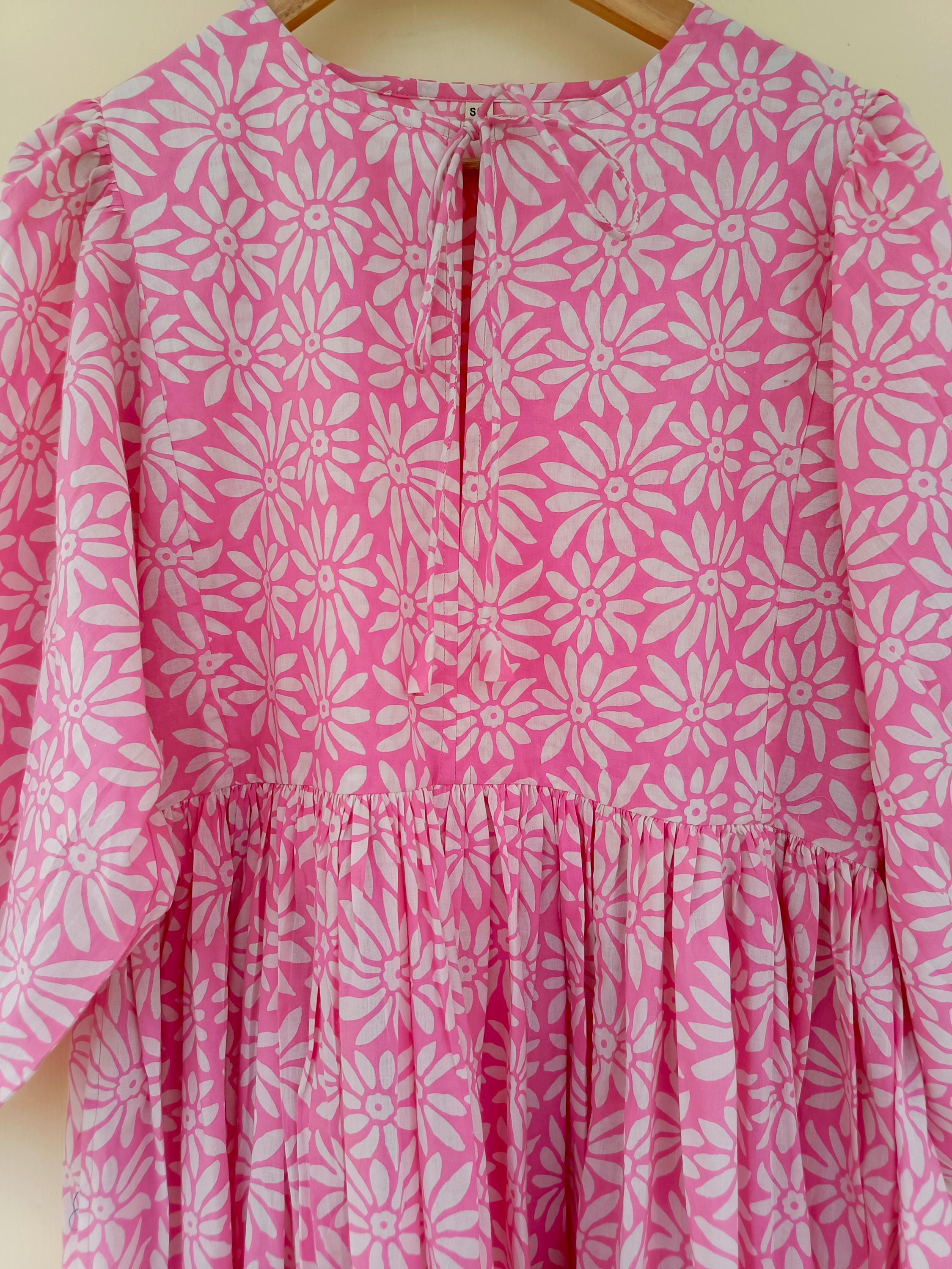 Pink Floral Block Print Cotton Dress: Deep Neck Midi or Mini - Etsy