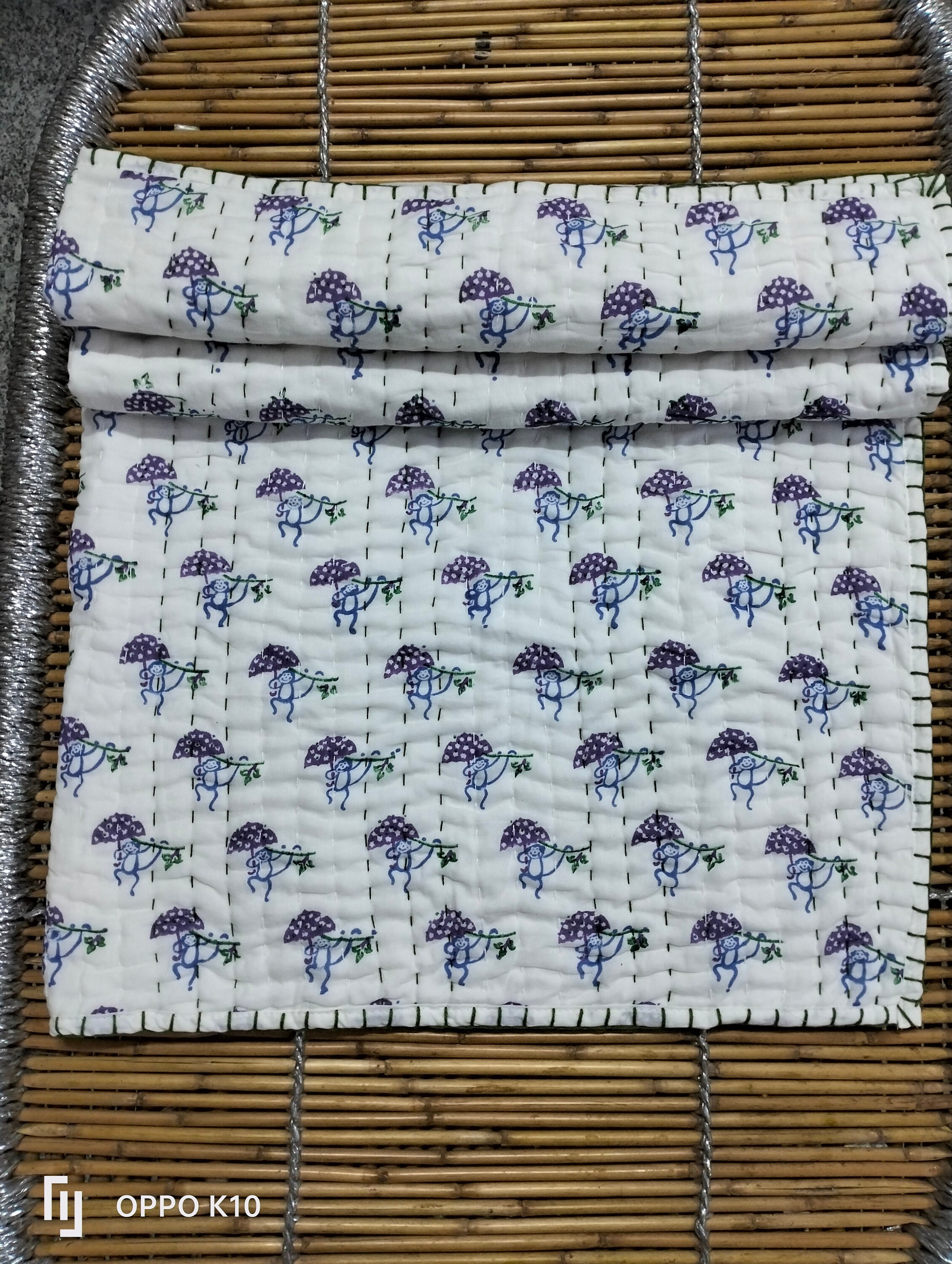 Monkey Block Print Baby Quilt: Handmade Kantha Throw, Indian Bedding - Etsy