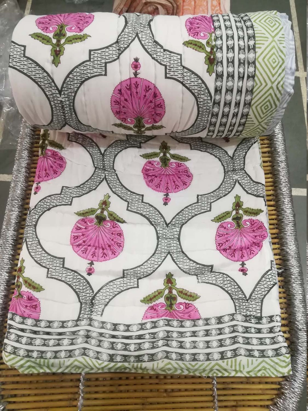 New Cotton Quilt Handmade Hand Block Print Rajai Floral Print Indian ...